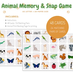 Printable Animal Memory Game, Two-games-in-one, Memory Game, Snap Game ...