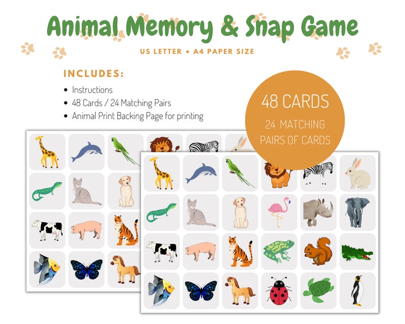 Printable Animal Memory Game, Two-games-in-one, Memory Game, Snap Game ...