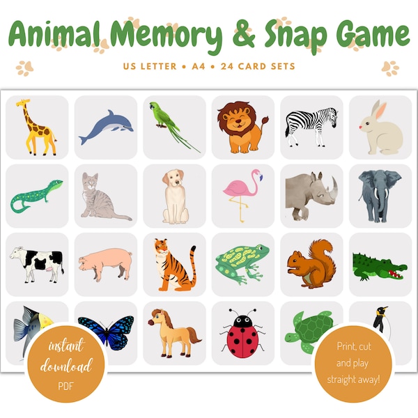 Printable Animal Memory Game, Two-games-in-one, Memory Game, Snap Game ...