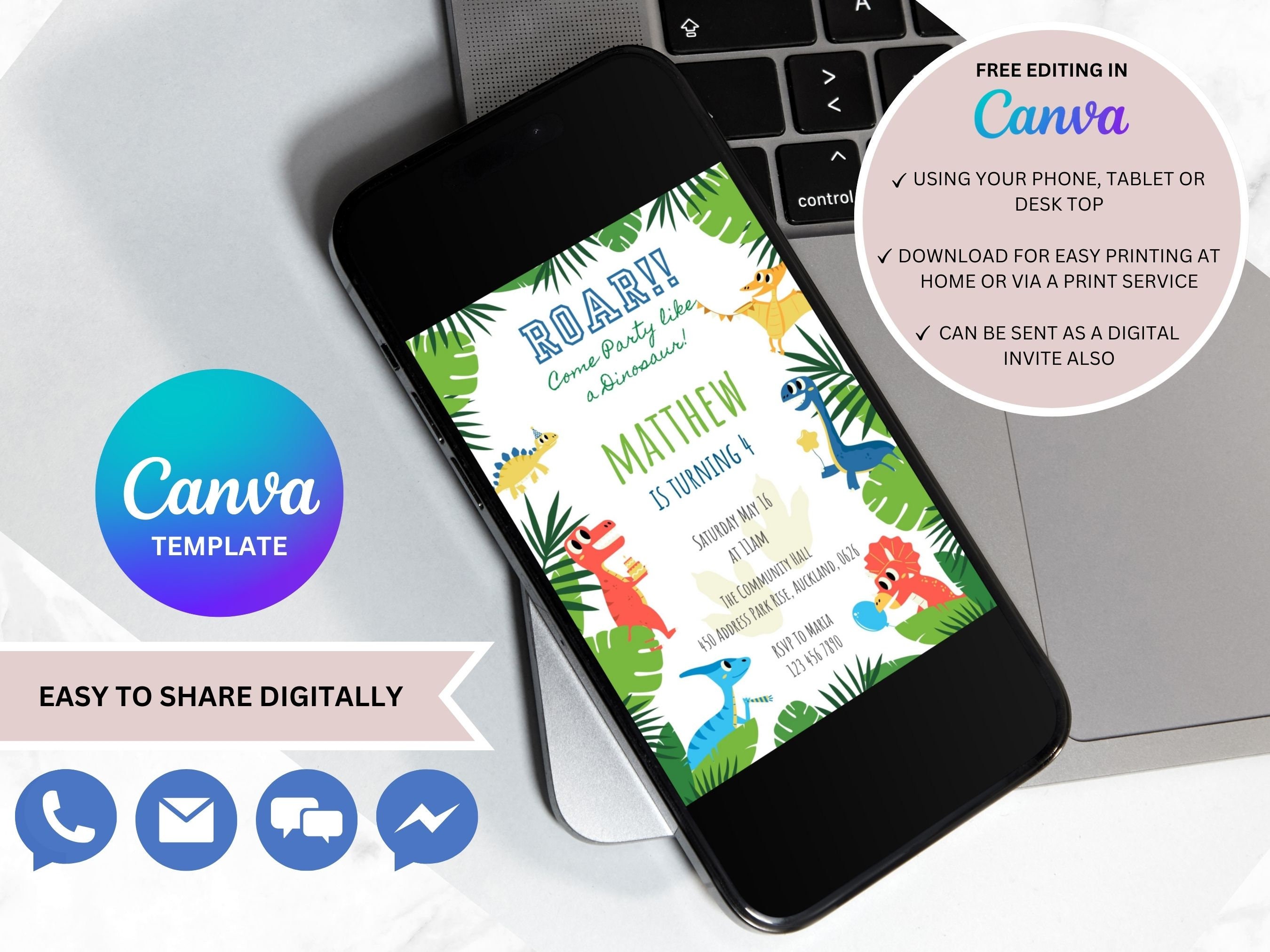 Editable Dinosaur Birthday Invitation Template, Dinosaur Party ...