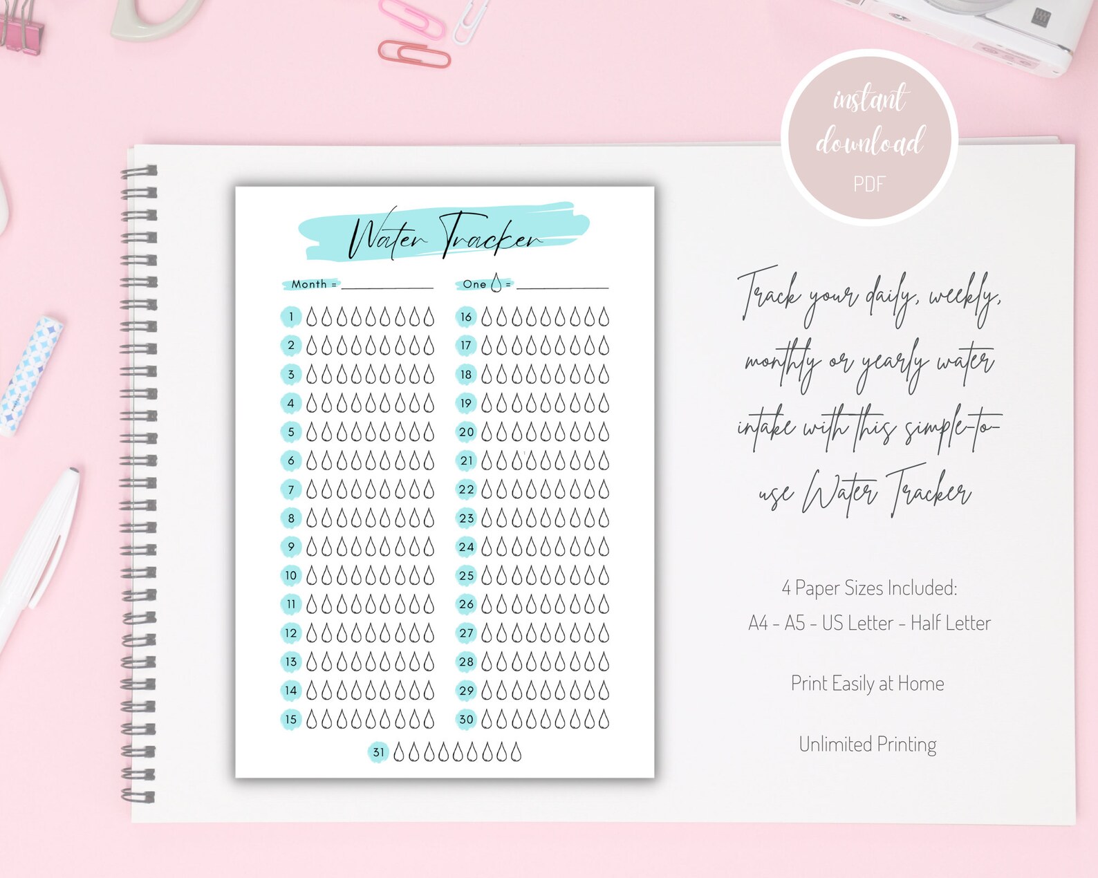 Monthly Water Tracker Printable Daily Hydration Tracker Drink Water ...