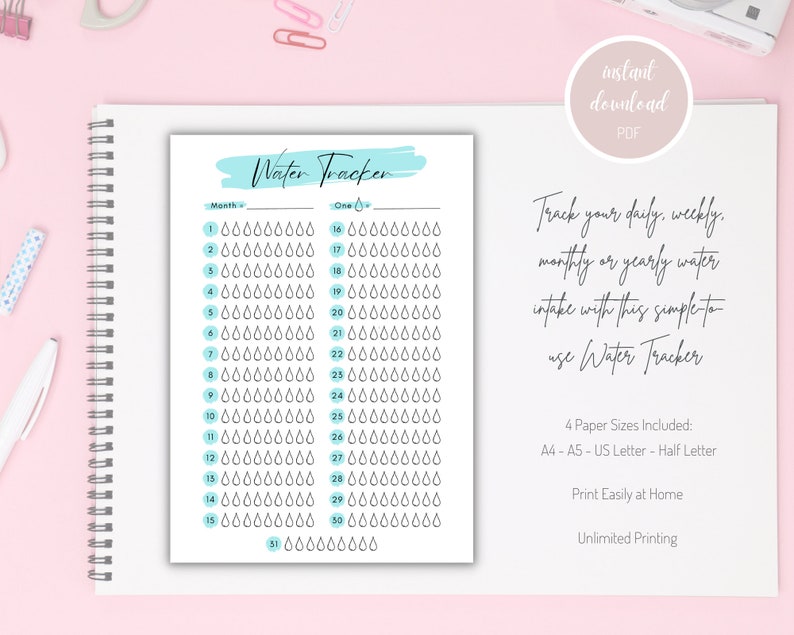 Monthly Water Tracker Printable - Daily Hydration Tracker - Drink Water ...