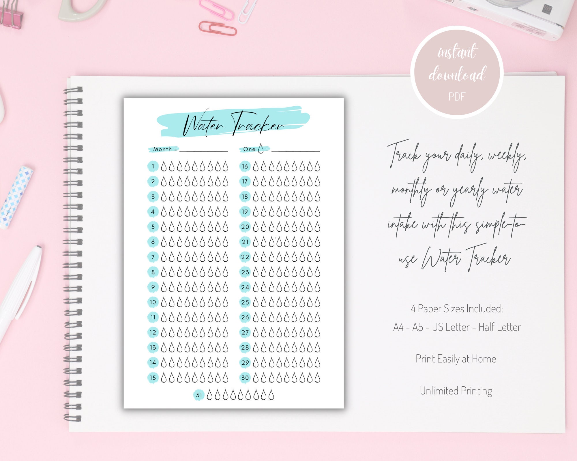 Monthly Water Tracker Printable Daily Hydration Tracker Drink Water ...