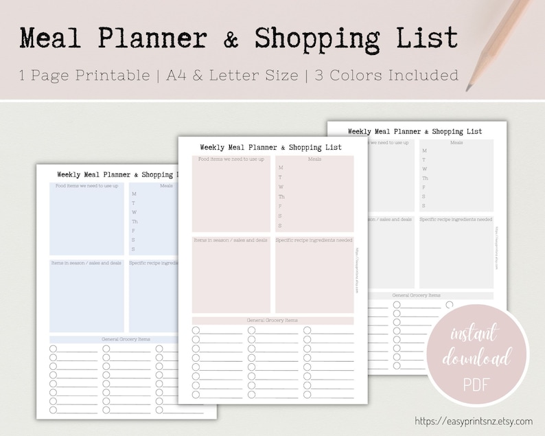 Meal Planner, Shopping List, Printable, PDF, Weekly Meal Chart, Grocery ...