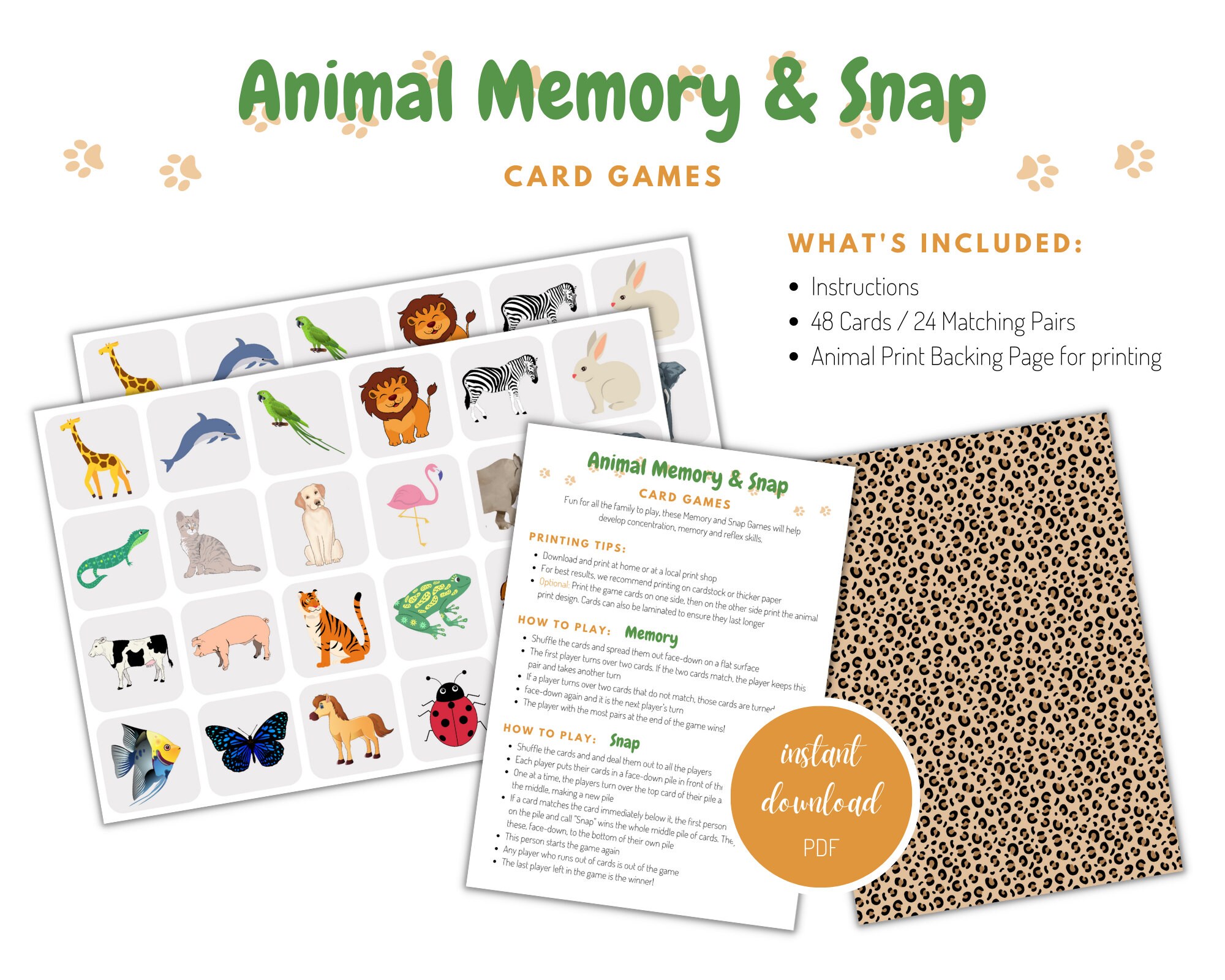 Printable Animal Memory Game, Two-games-in-one, Memory Game, Snap Game ...