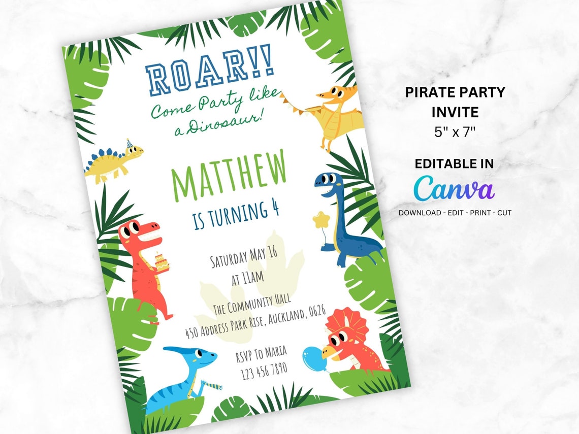 Editable Dinosaur Birthday Invitation Template, Dinosaur Party ...