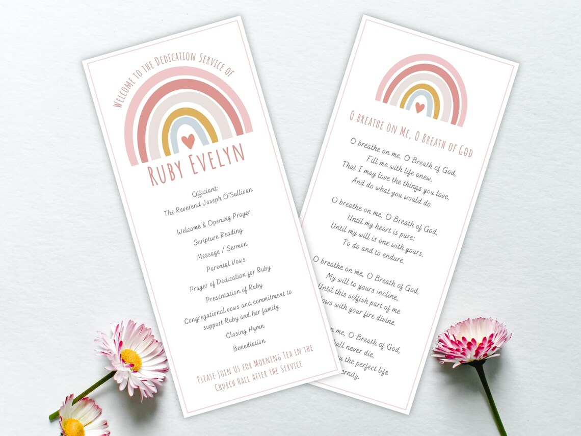Pink Rainbow Dedication Service Template, Printable Girls Dedication ...