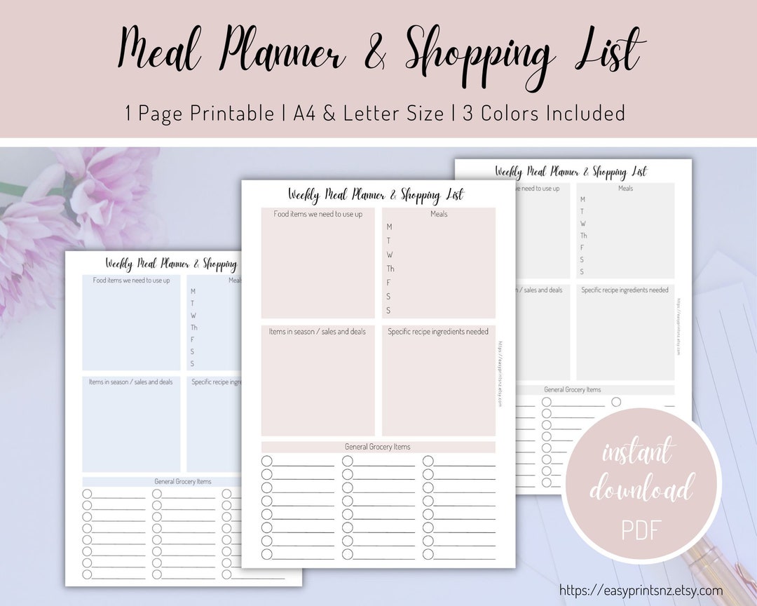 Meal Planner, Shopping List, Printable, PDF, Weekly Meal Chart, Grocery ...