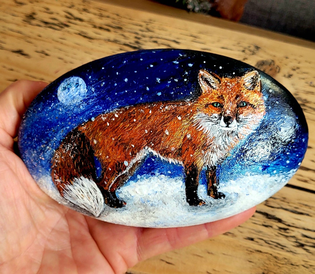 Winter Fox, Winter Fox Painting, Pebble Art, Rock Art, Stone Art, Fox ...