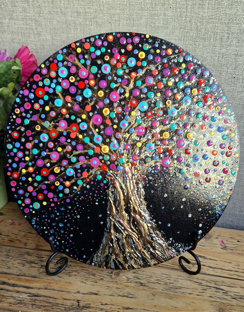Hand Painted Tree of Life Dot Art on Wood Round Colourful Textured ...