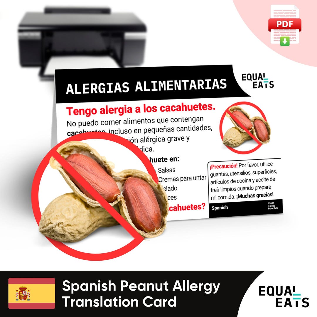 Spanish Peanut Translation Card, Instant PDF Digital Download, Eat Safe ...