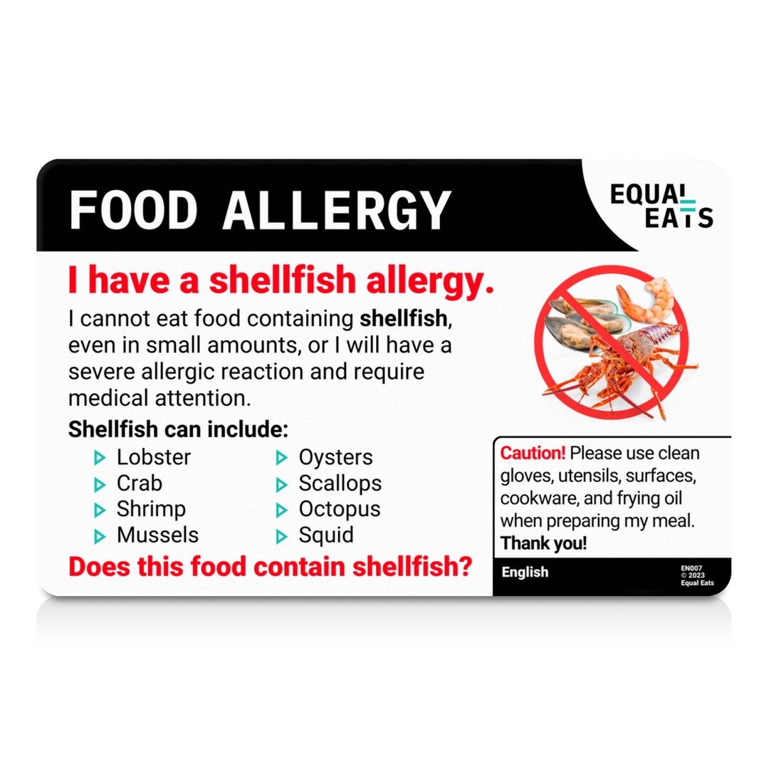 Shellfish Allergy Translation Card Select From 50 Languages Allergy ...
