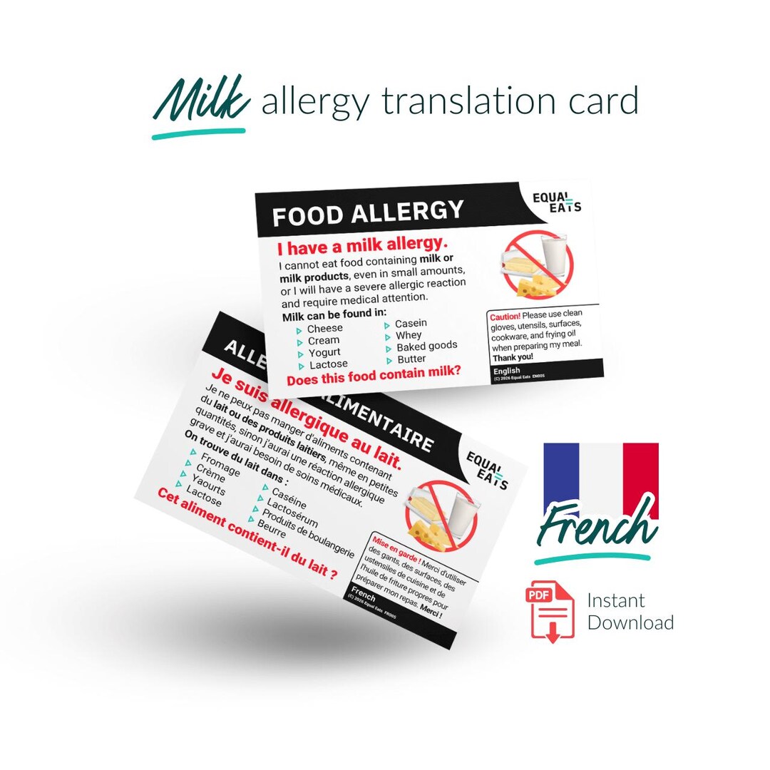 Milk Translation Card - English & French - Food Allergy Alert (PDF ...