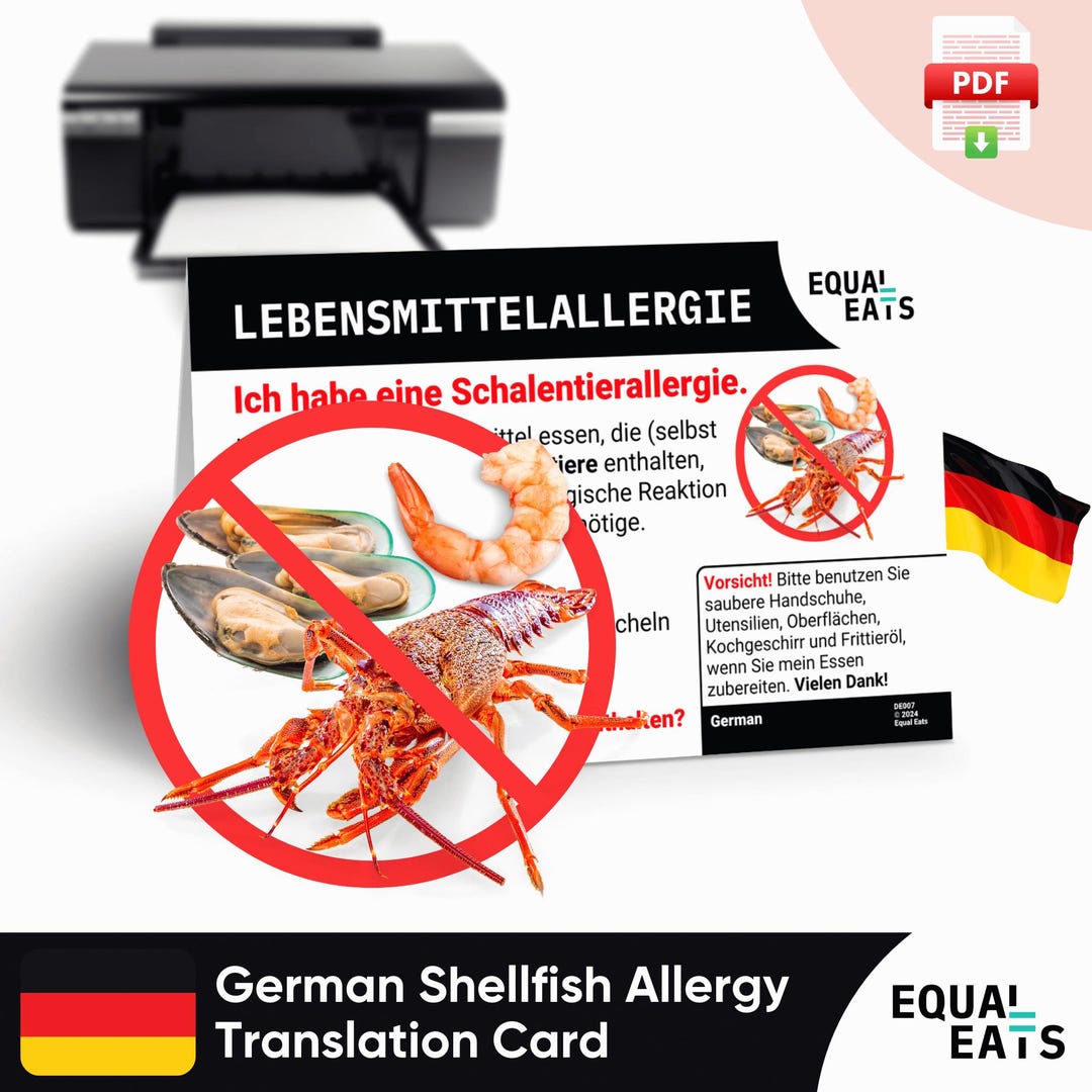German Shellfish Allergy Translation Card, Instant PDF Digital Download ...