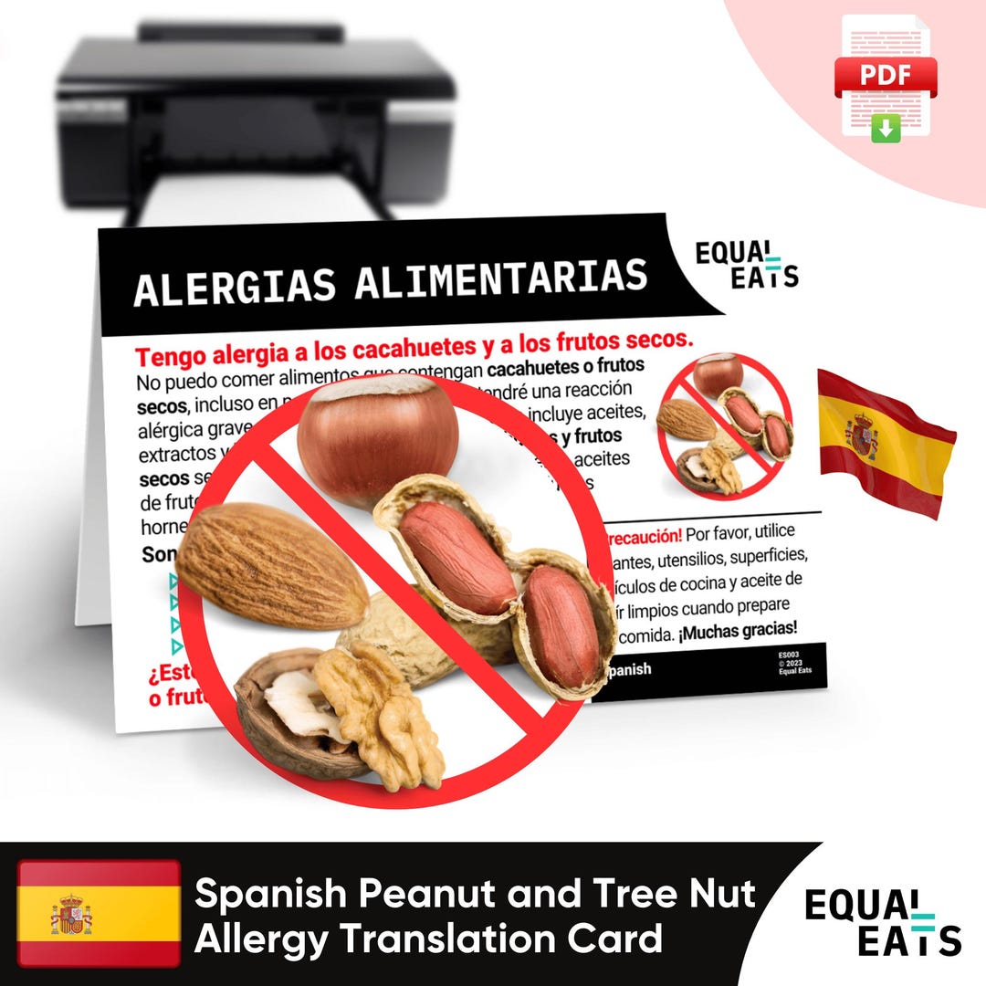 Spanish Peanut and Tree Nut Allergy Translation Card, Instant PDF ...