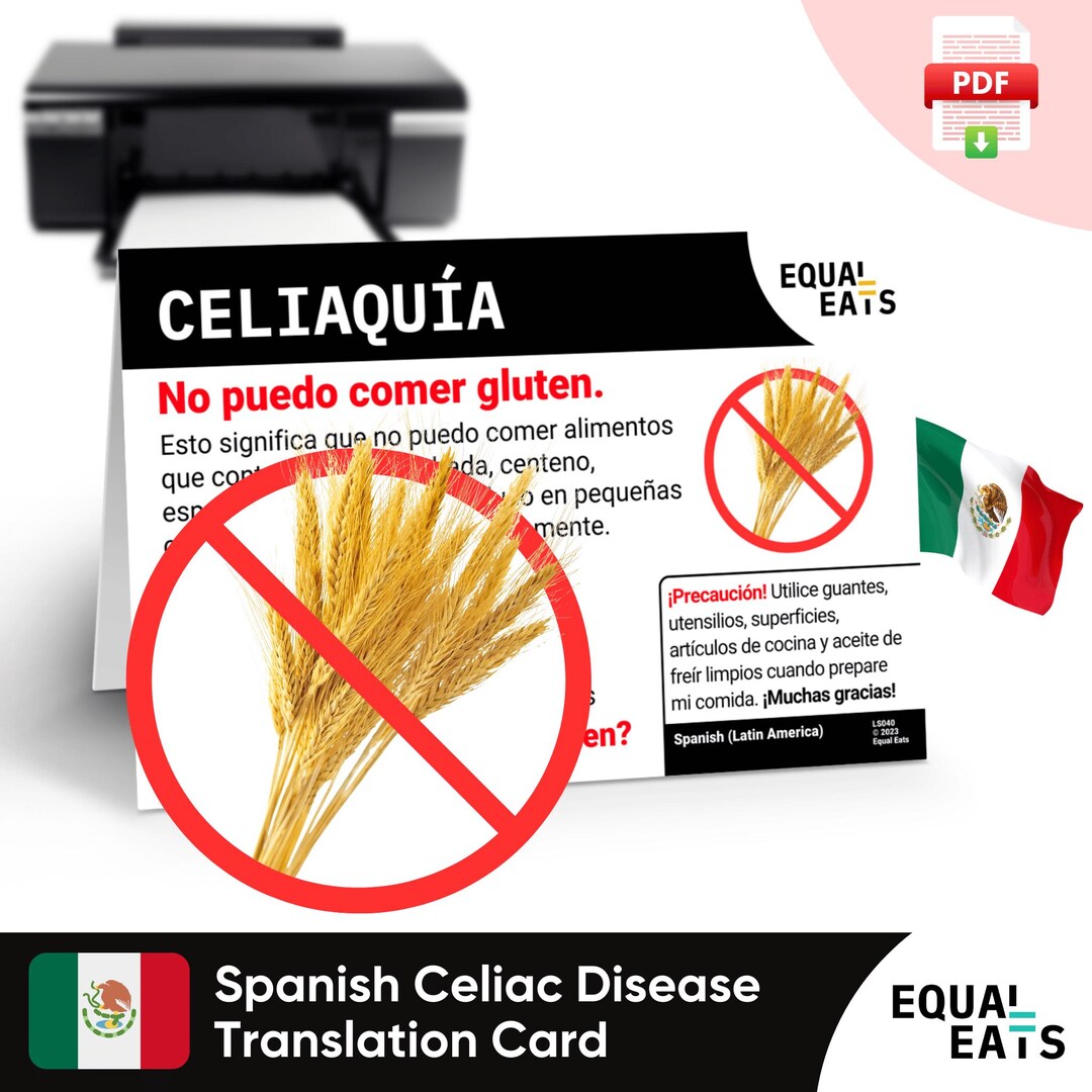 Spanish Latin America Celiac Translation Card, Instant PDF Digital ...