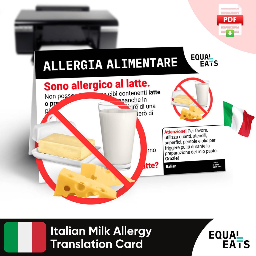 Italian Milk Allergy Translation Card, Instant PDF Digital Download ...