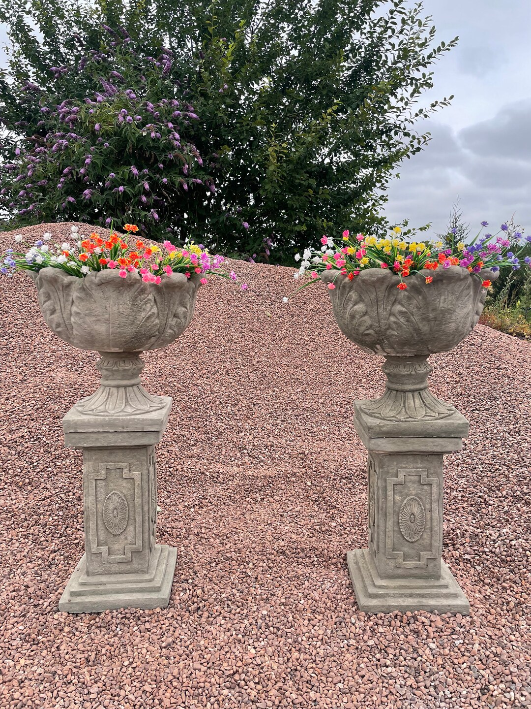 Pair of Cast Stone Plinths and Pots - Etsy UK