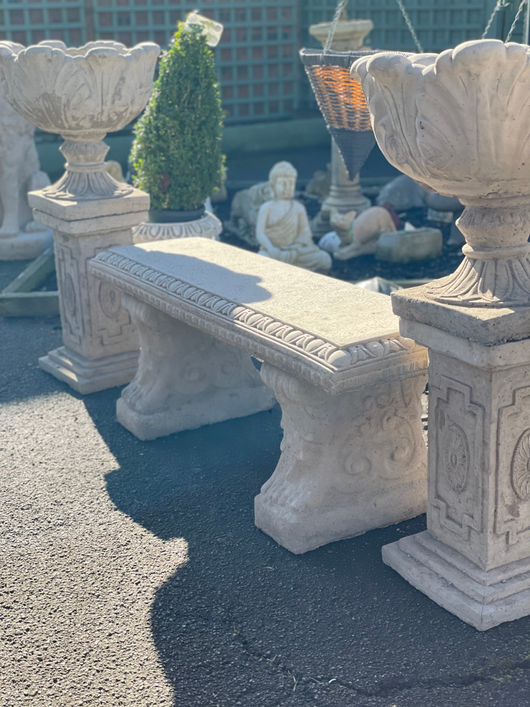 Cast Stone Bench With Plinths and Pots - Etsy