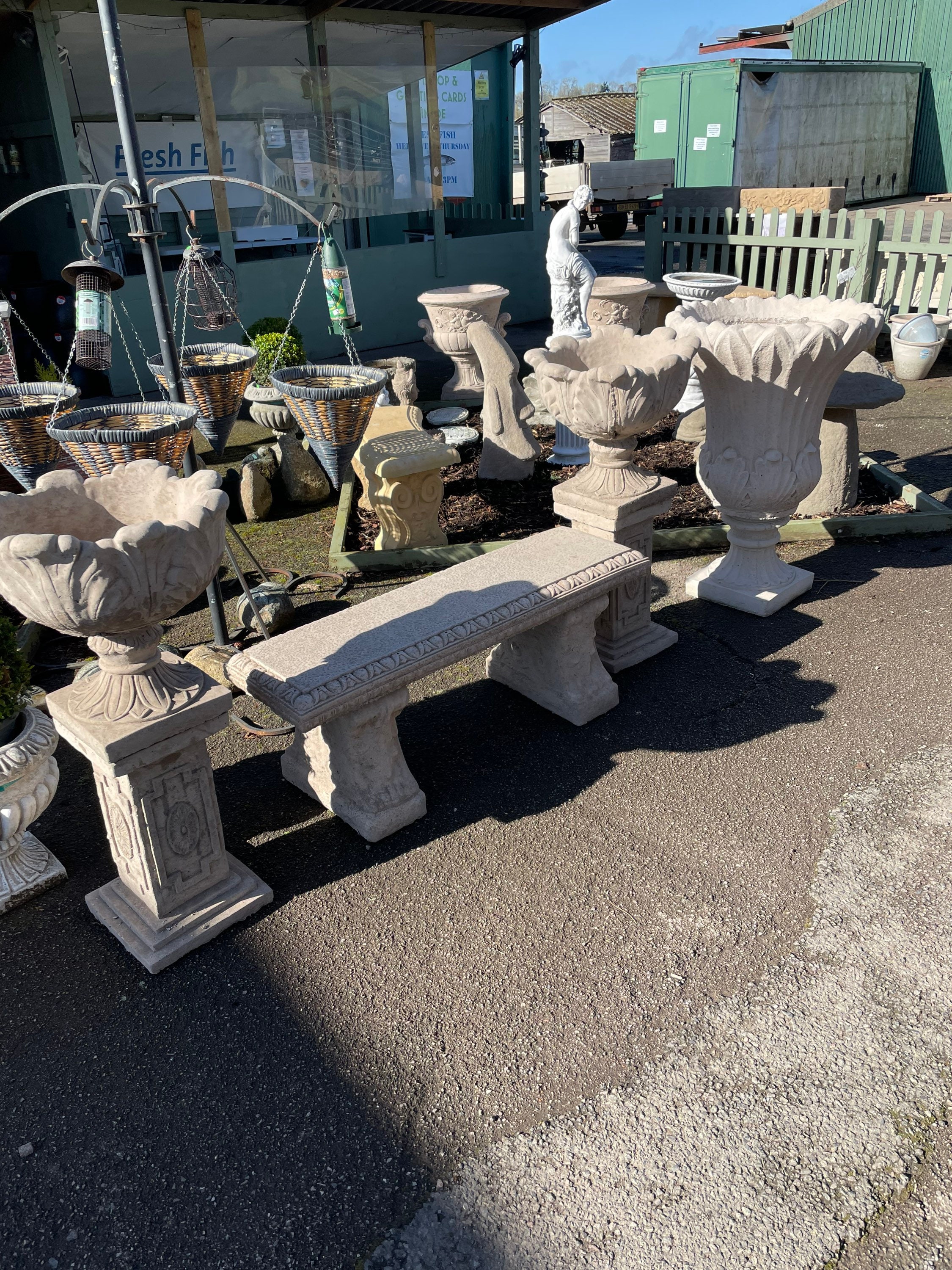 Cast Stone Bench With Plinths and Pots - Etsy UK