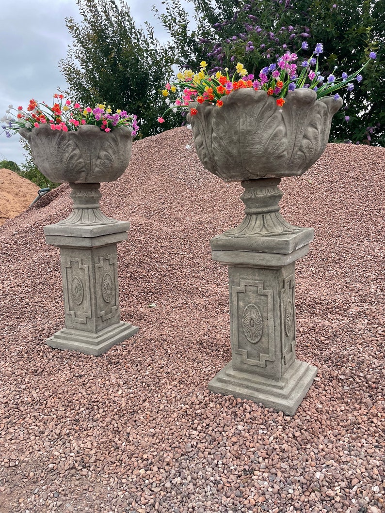 Pair of Cast Stone Plinths and Pots - Etsy UK