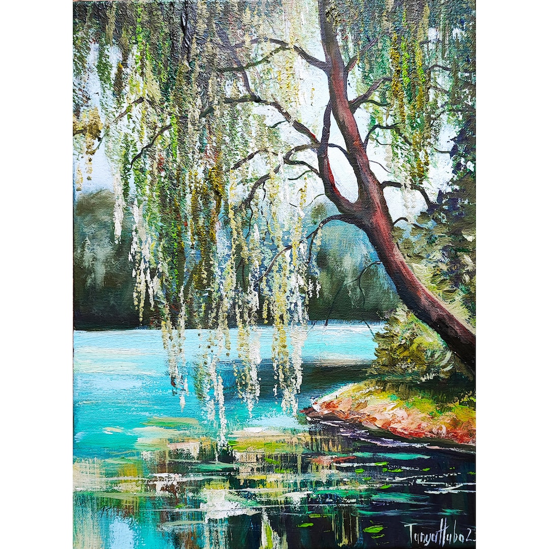 Willow Tree Painting Original Art Landscape Painting Lake Artwork Tree ...