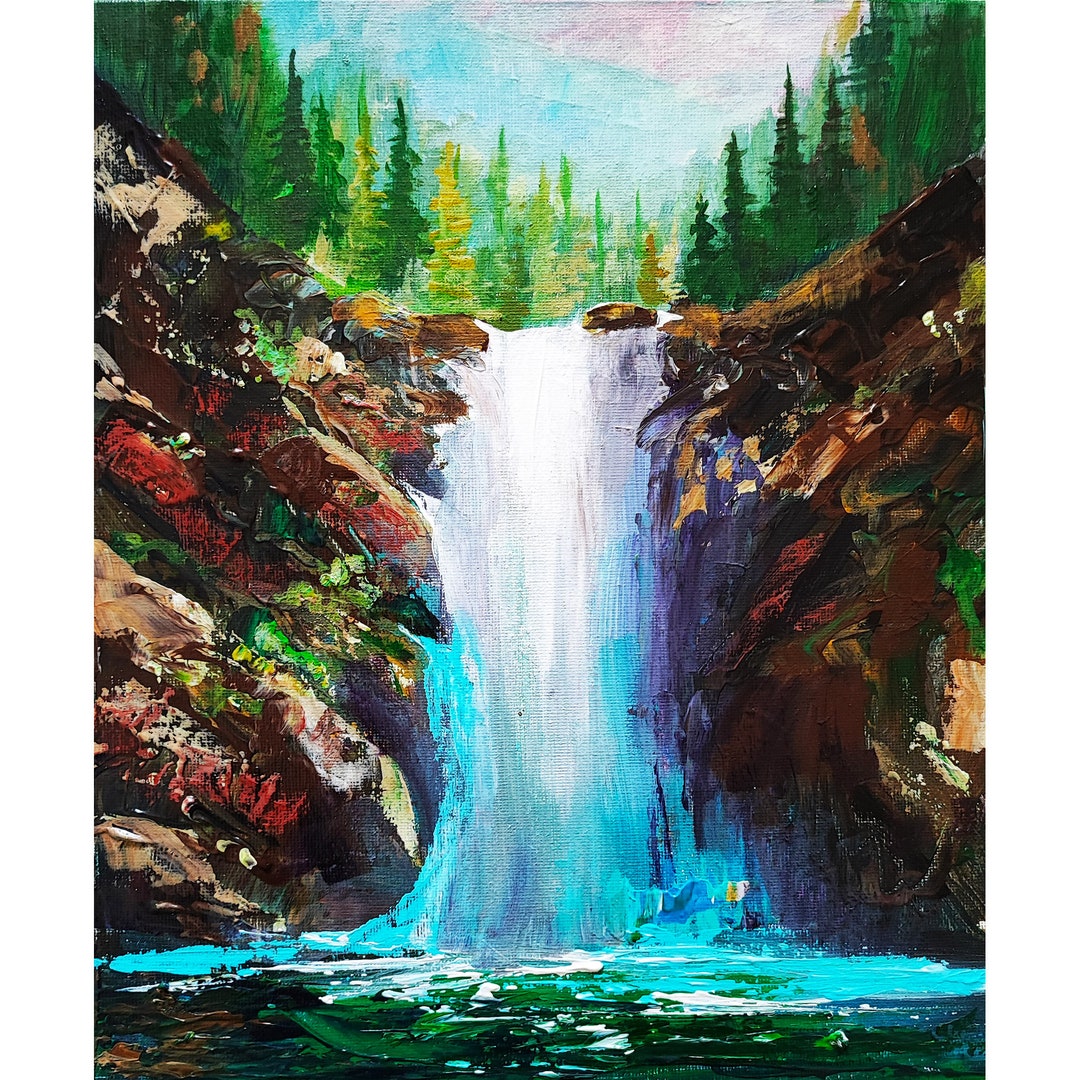 Waterfall Painting Original Art Landscape Wall Art National Park ...