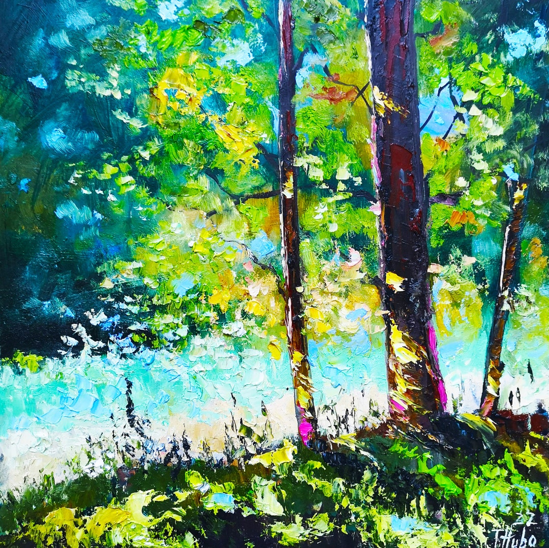 Woodland Oil Painting: Impasto Tree Landscape Art (12x12) - Etsy