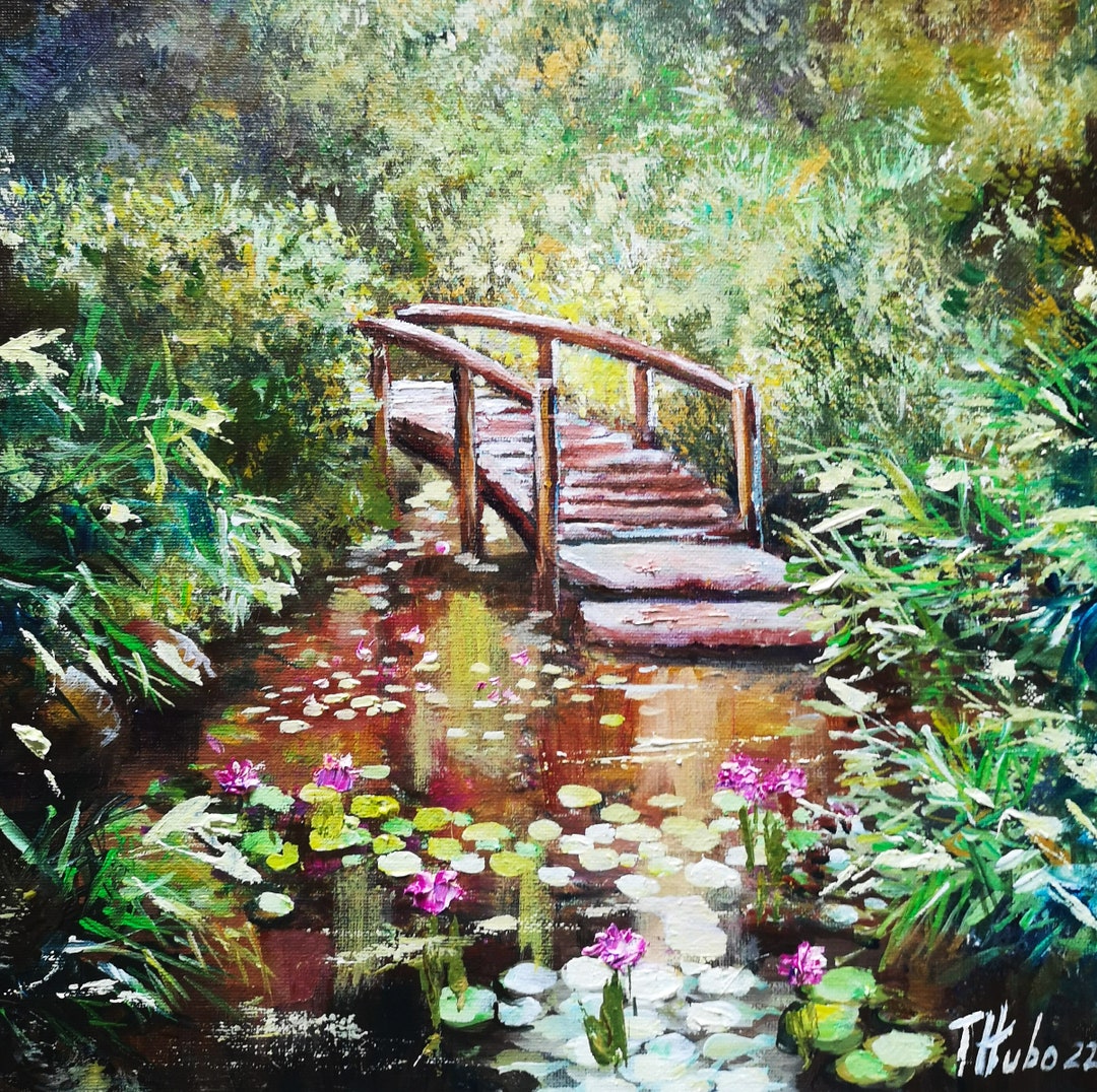 Original Oil Painting: Forest Bridge, Lily Pads - 12x12" by Tanyahubo ...