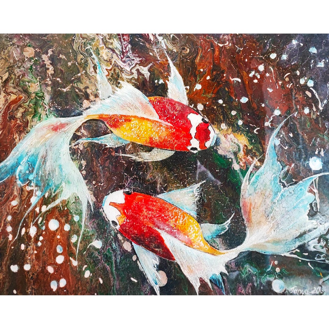 Koi Fish Original Painting Epoxy Resin Underwater Painting Fashion Wall ...