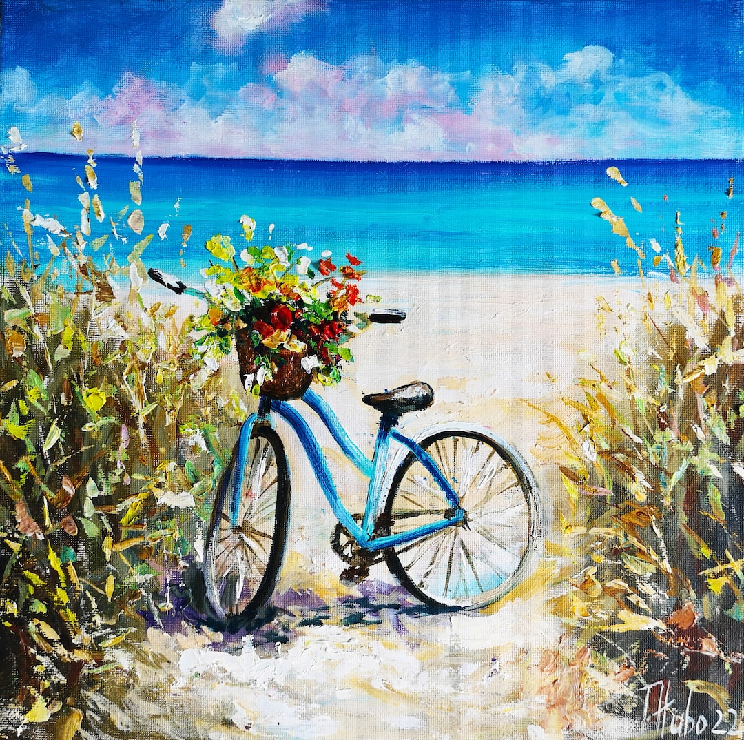 Bike on the Beach Painting: Original Seascape, Nautical Wall Art (12x12 ...