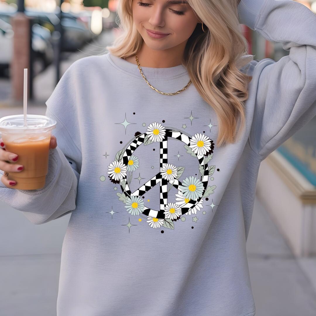 Flower Power Checkered Peace Sign Tee/crewneck Sweatshirt - Etsy