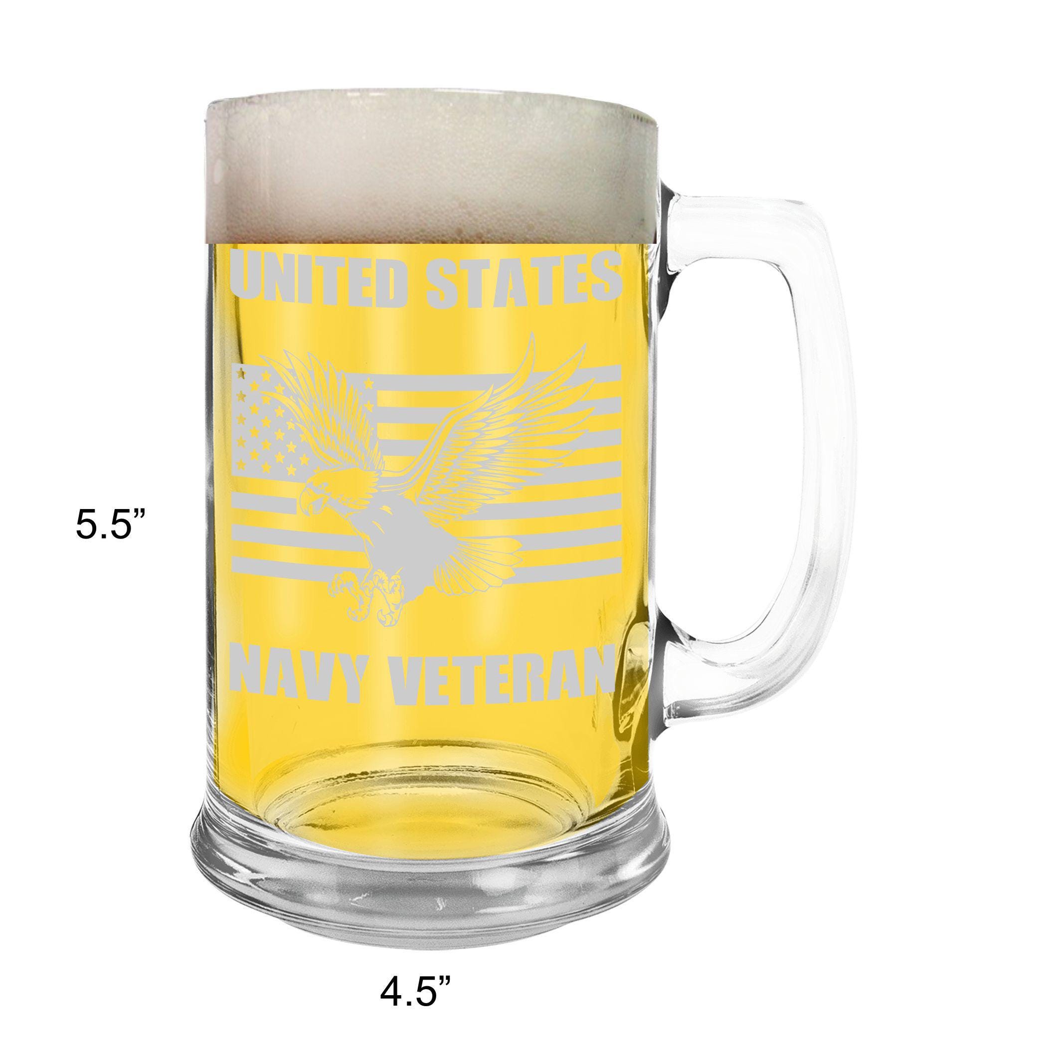 United States Navy Veteran Engraved Glass Beer Mug, 15oz Stein Cup With ...
