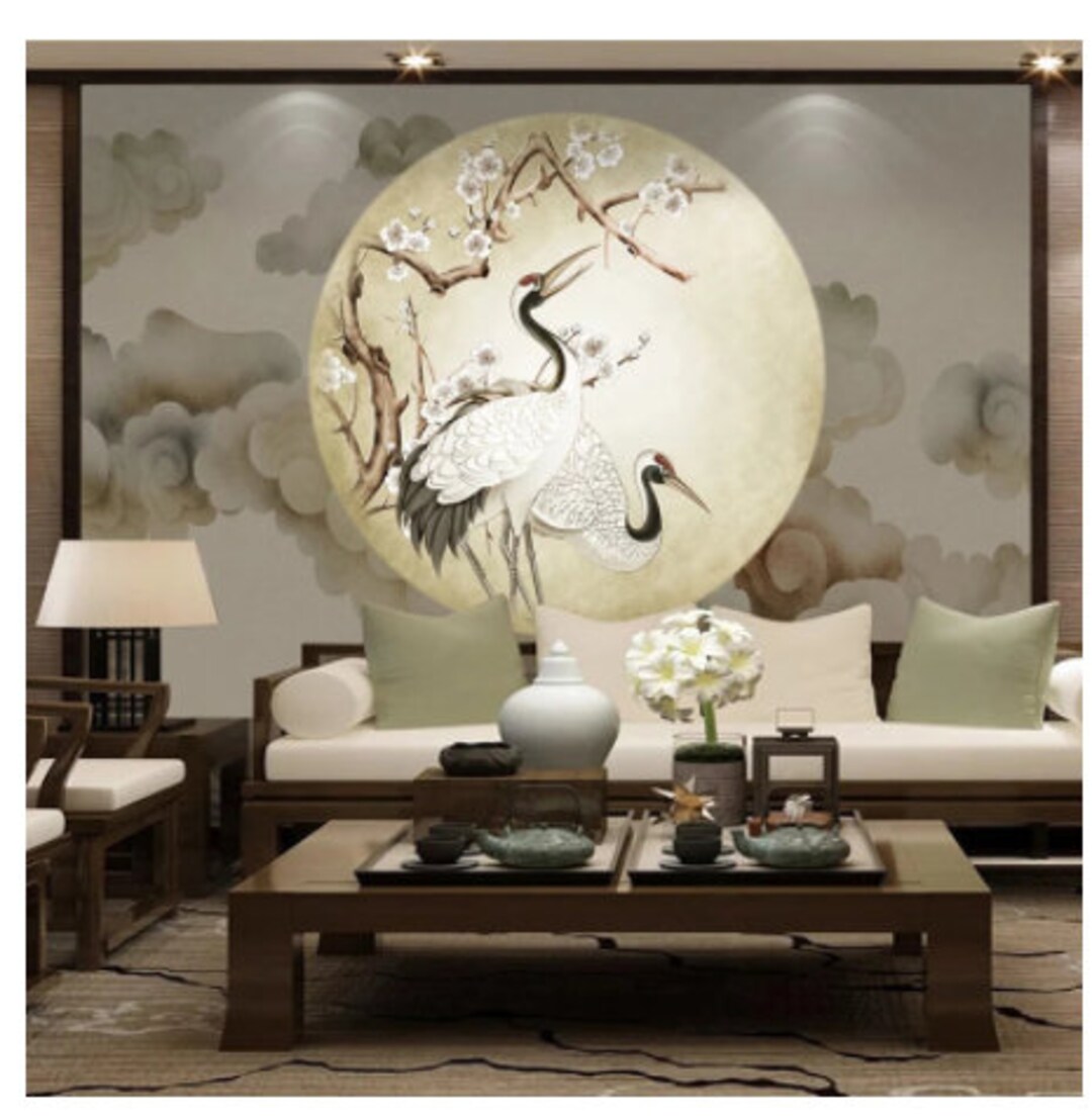 Chinoiserie Chinese Style Retro Crane Pattern Living Room TV Study Room ...