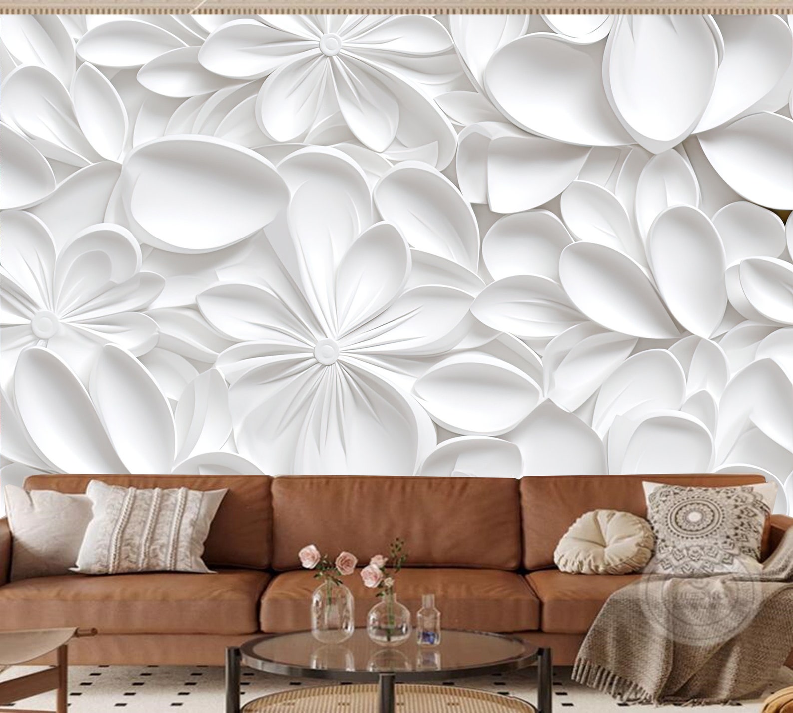 Gypsum Patterns White Flowers Wallpaper, Gypsum Floral Background Wall ...