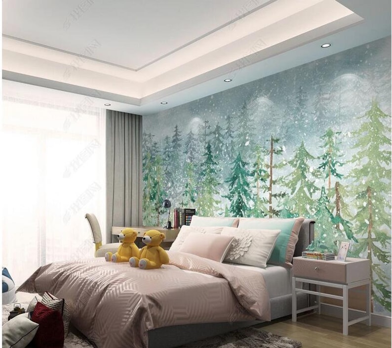 Pine Trees Snow Winter Forest Wallpaper Wall Mural, Watercolor Pine ...
