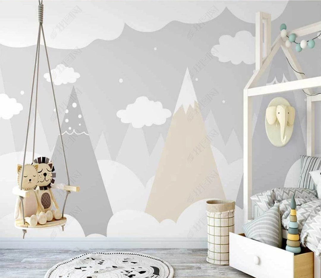Gray Background Cartoon Mountains Nursery Kids' Room Wallpaper Wall ...