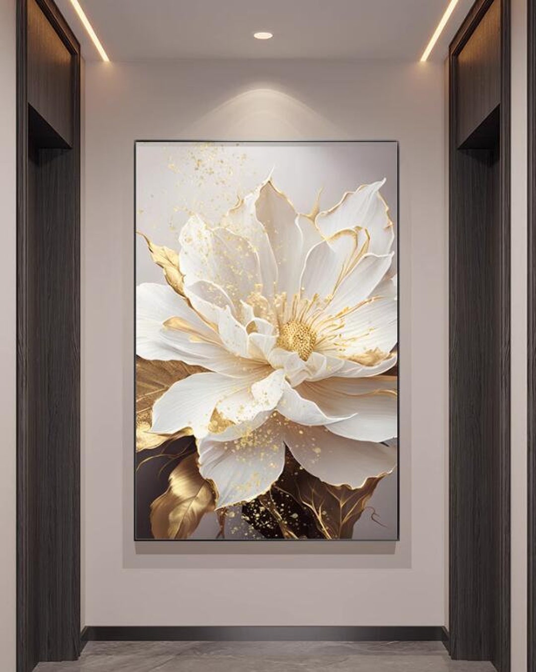 Modern White Flower Wall Art, White Gold Flower Digital Download ...