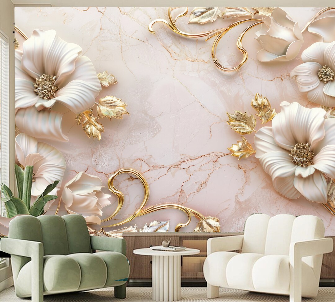 Pink Marble Flowers Floral Wallpaper, Golden Flowers Floral Wall Mural ...