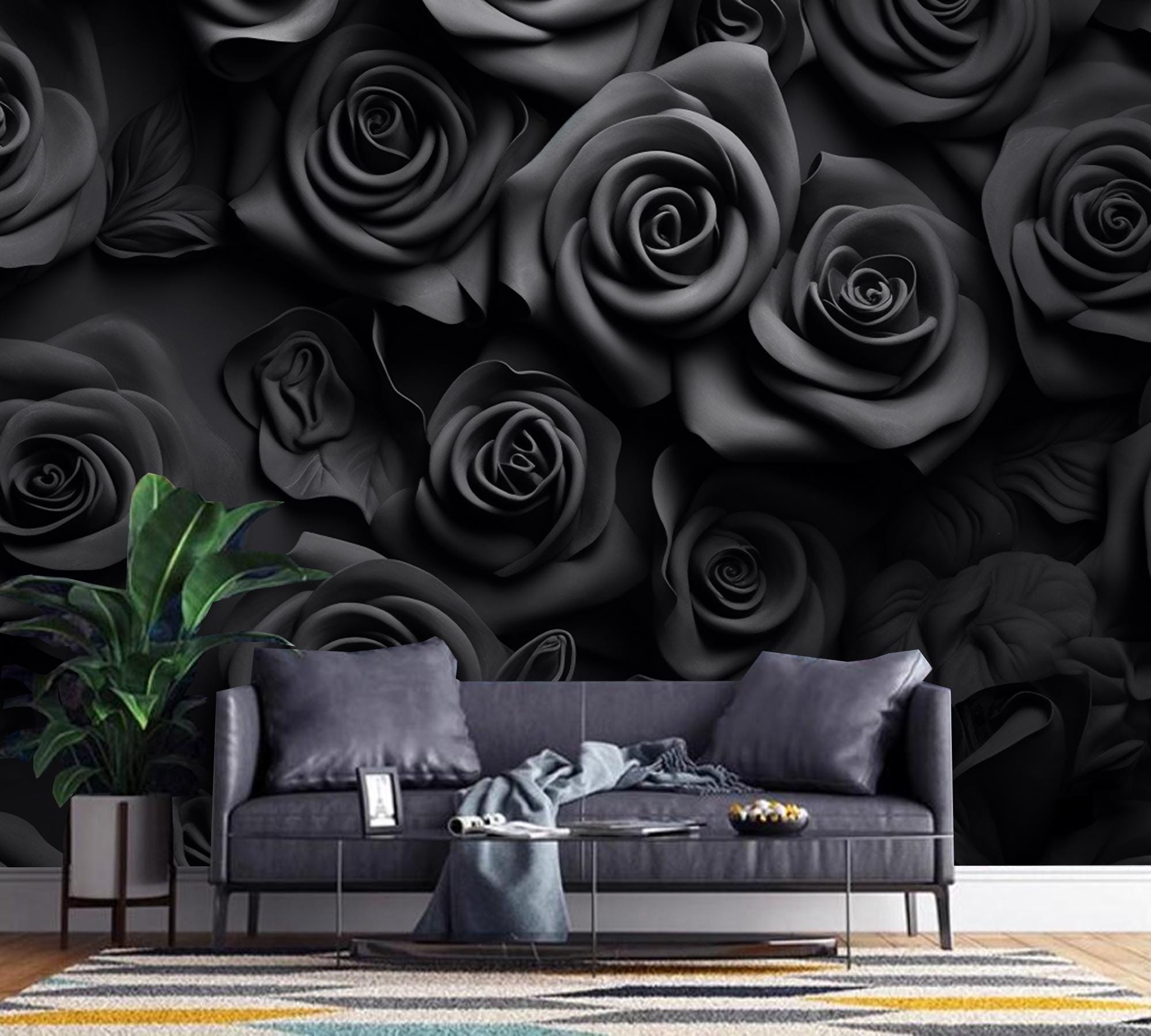 Black Shameless Botanical Pattern Wallpaper, Black Roses Flowers Wall ...