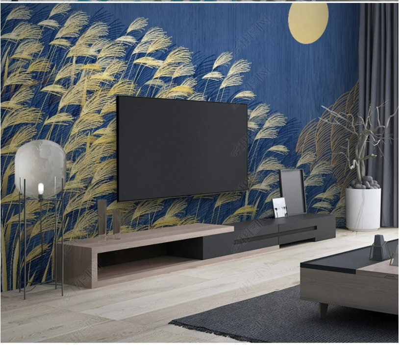 Gold Reed Blue Background With Moon Wallpaper Wall Murals Home - Etsy