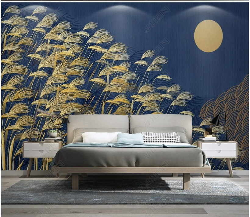 Gold Reed Blue Background With Moon Wallpaper Wall Murals Home - Etsy