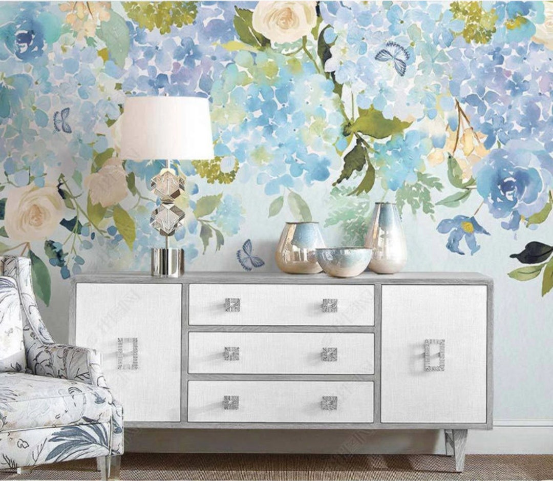 Nordic Little Fresh Blue Goblin Flowers Wallpaper Wall Mural, Beautiful ...