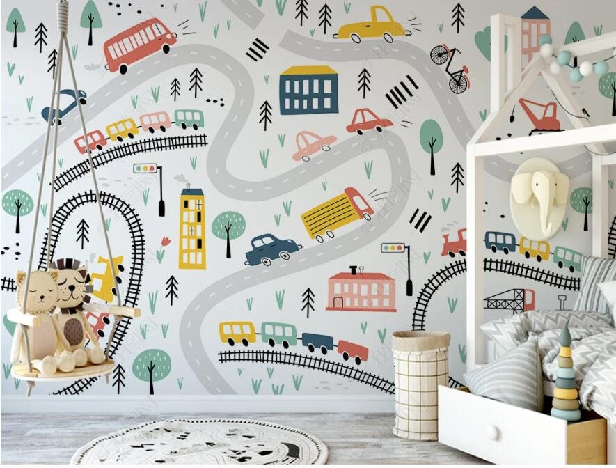 Cartoon City Road Car Bus Vehicle Children's Room Nursery Kids Wall ...