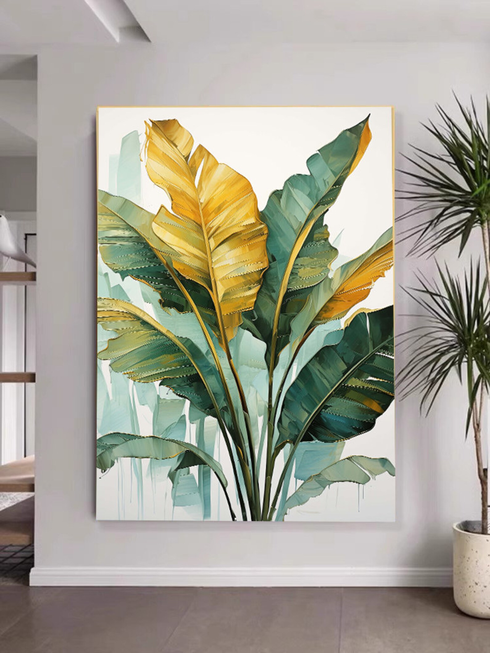 Modern Green Yellow Banana Leaves Painting Wall Art, Banana Leaf ...