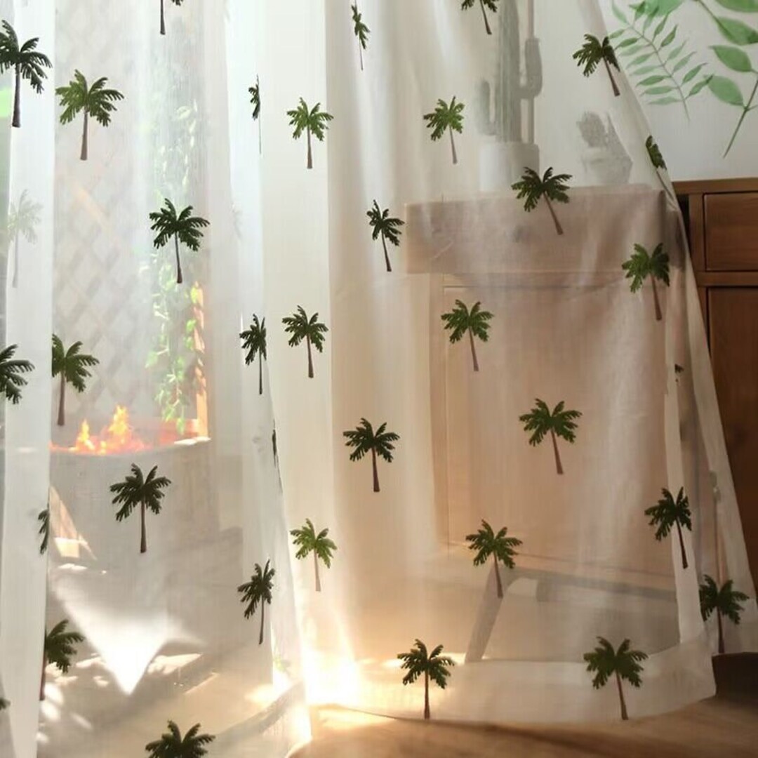 One Panel Coconut Tree Embroidery Translucent Curtains, Living Room ...