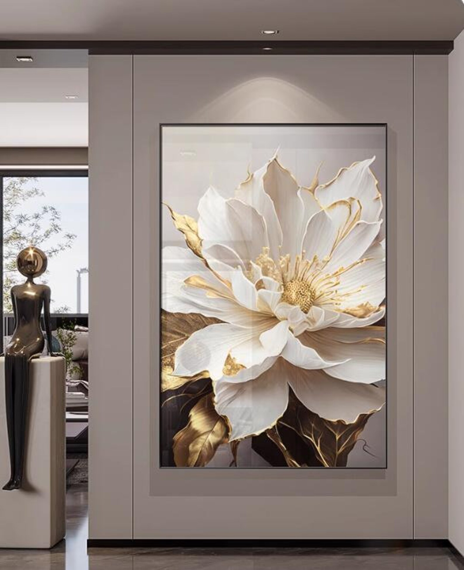 Modern White Flower Wall Art, White Gold Flower Digital Download ...