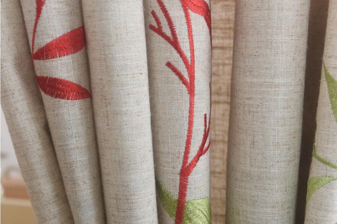 One Panel Linen Curtains Flowers and Birds Embroidery Curtains, Natural ...