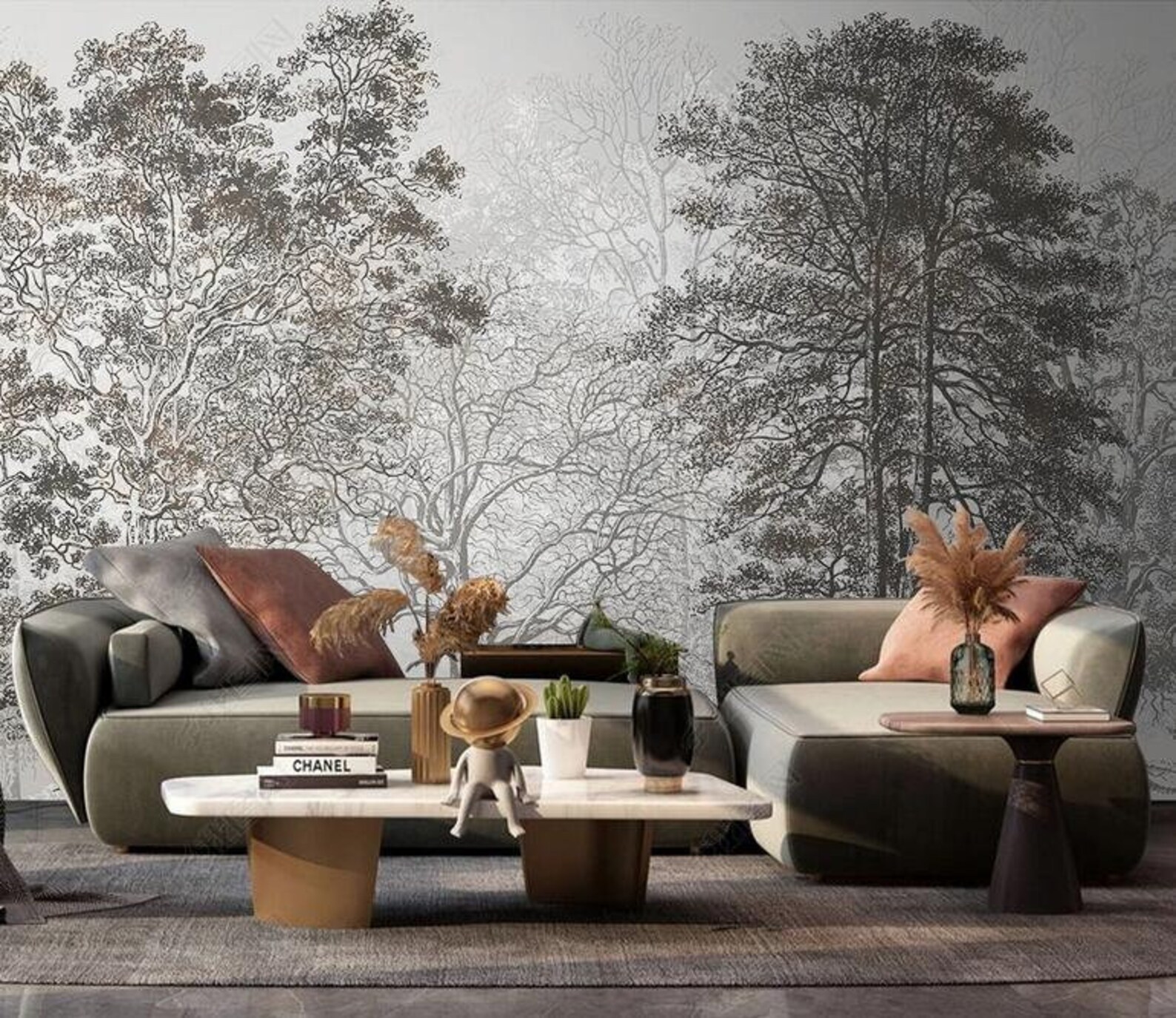 Gray Trees Forest Wallpaper Wall Mural Forest Trees Wall - Etsy