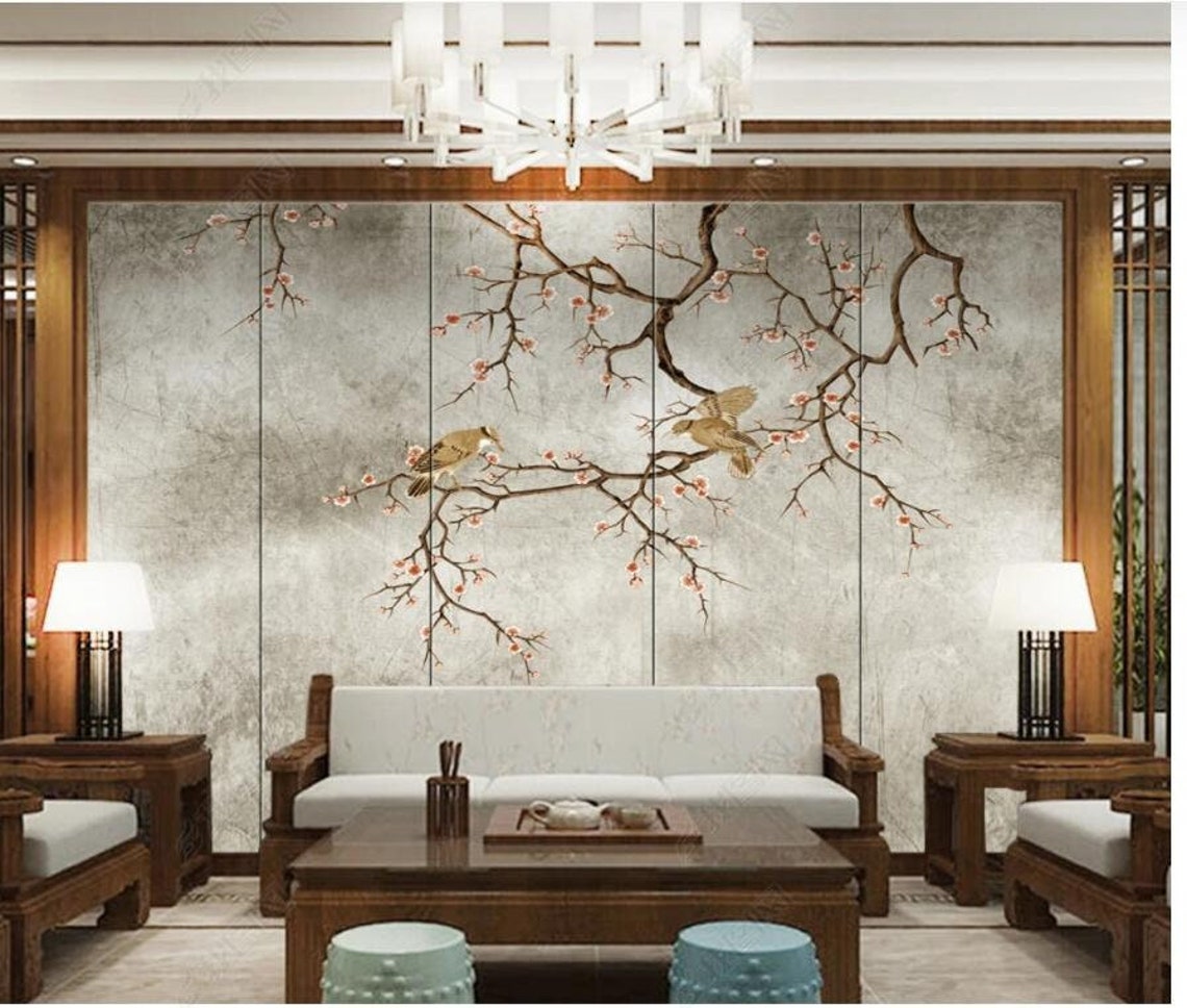 Chinoiserie Hanging Plium Blossom and Birds Wallpaper Wall Mural Wall Decor - Etsy